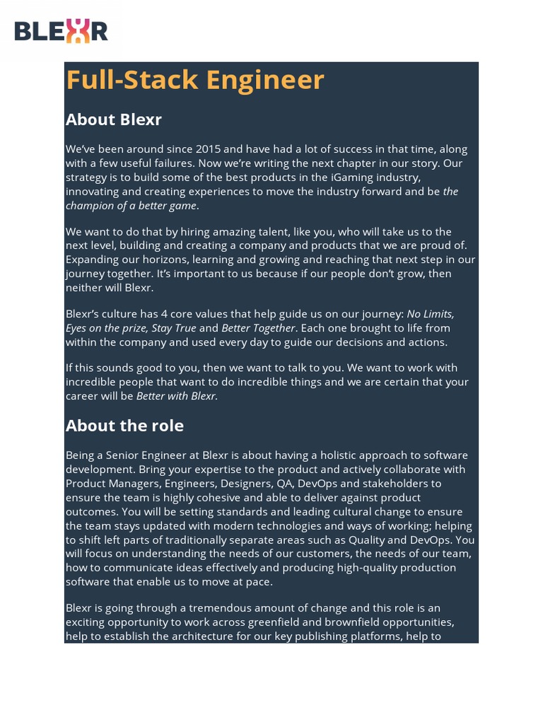 Blexr - Full Stack Engineer (React - Next.Node) - 1 | PDF | Reliability Engineering ...