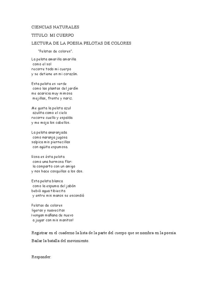 Ciencias Naturales Titulo: Mi Cuerpo Lectura de La Poesia Pelotas de ...
