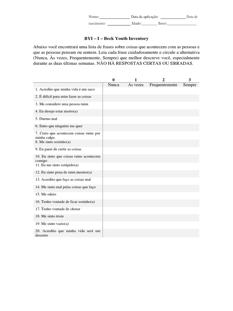 BYI - I - Beck Youth Inventory: Nunca Às Vezes Frequentemente Sempre | PDF