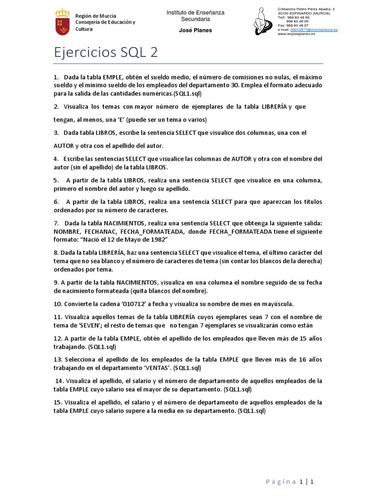Ejercicios SQL 2 | Descargar gratis PDF | SQL