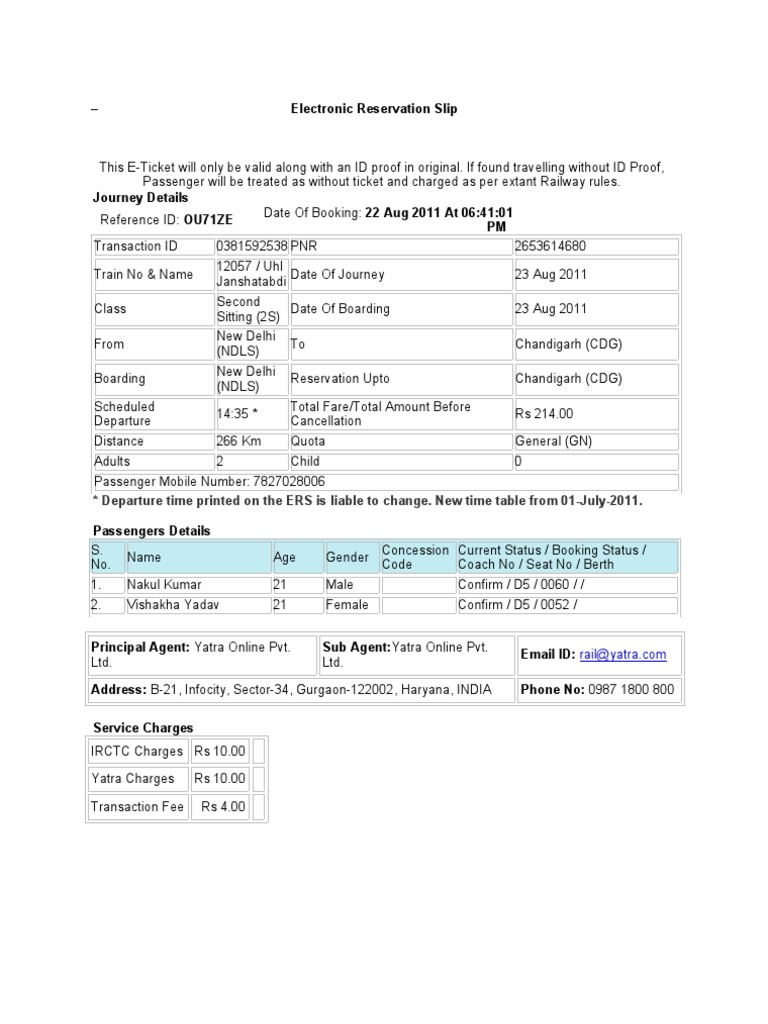 Electronic Reservation Slip | PDF