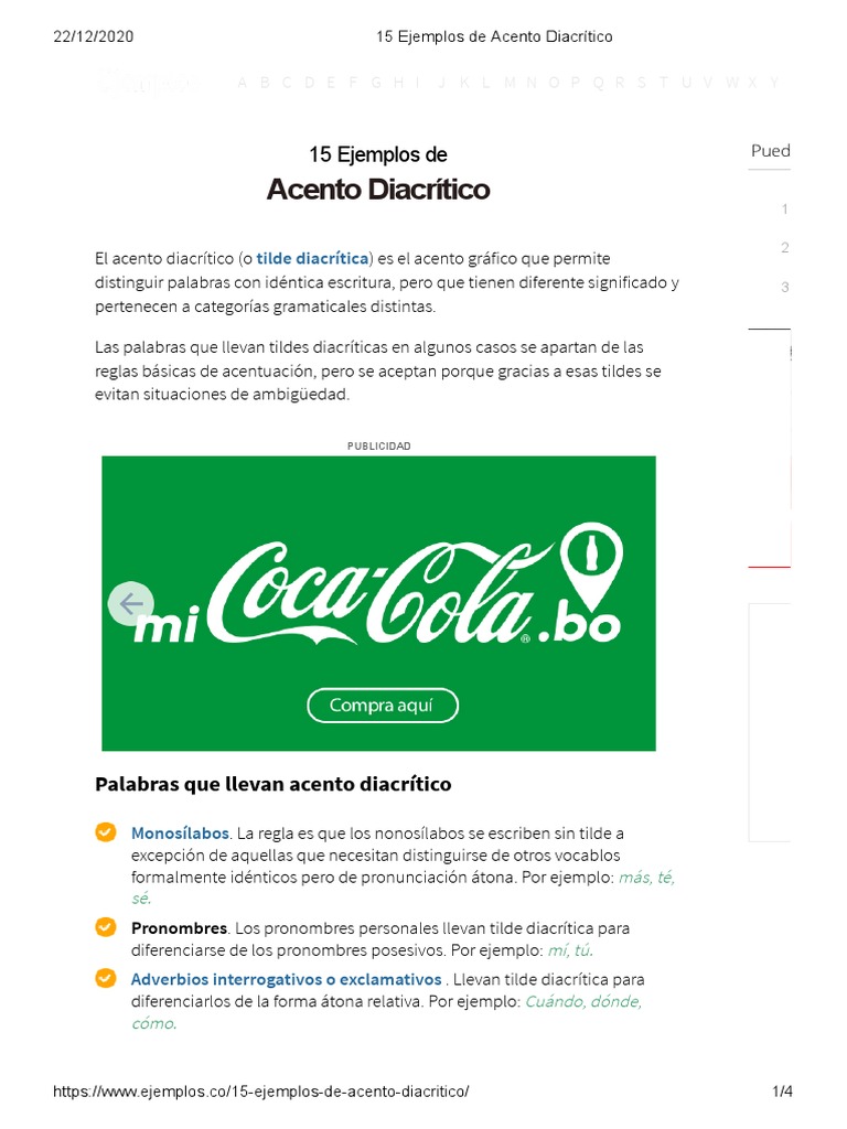 Acento Diacrítico: 15 Ejemplos de | PDF | Palabra | Adverbio