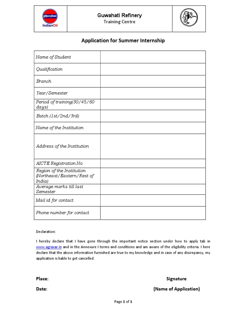 IOCL Summer Internship Application Form | PDF