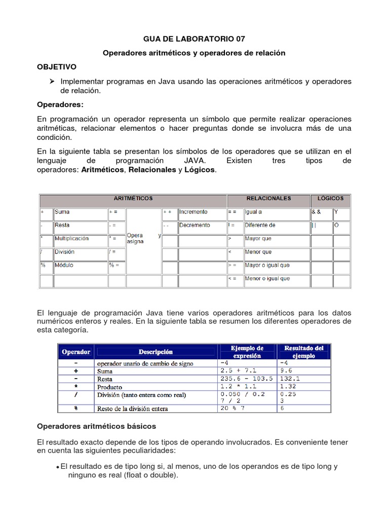 DIS111, Guía de Laboratorio 07 Operadores Aritméticos-Operadores de ...