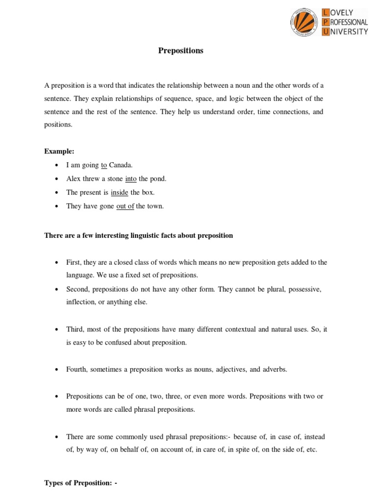 Prepositions: Example | PDF | Preposition And Postposition | Word