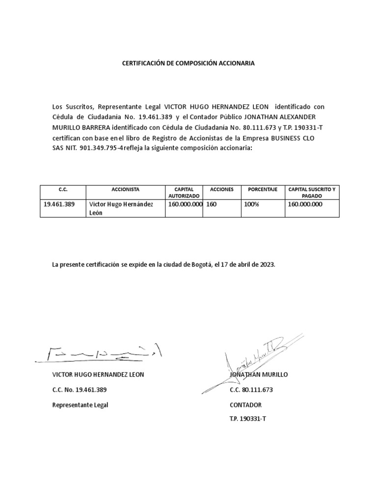 Certificación de Composición Accionaria: C.C. Accionista Capital ...