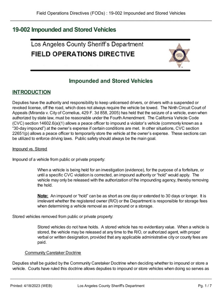 Field Operations Directives (FODs) 19-002 Impounded and Stored Vehicles ...