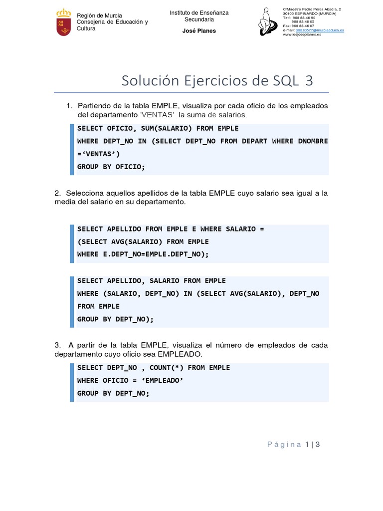 Solución Ejercicios de SQL 3 | PDF | SQL | Bases de datos