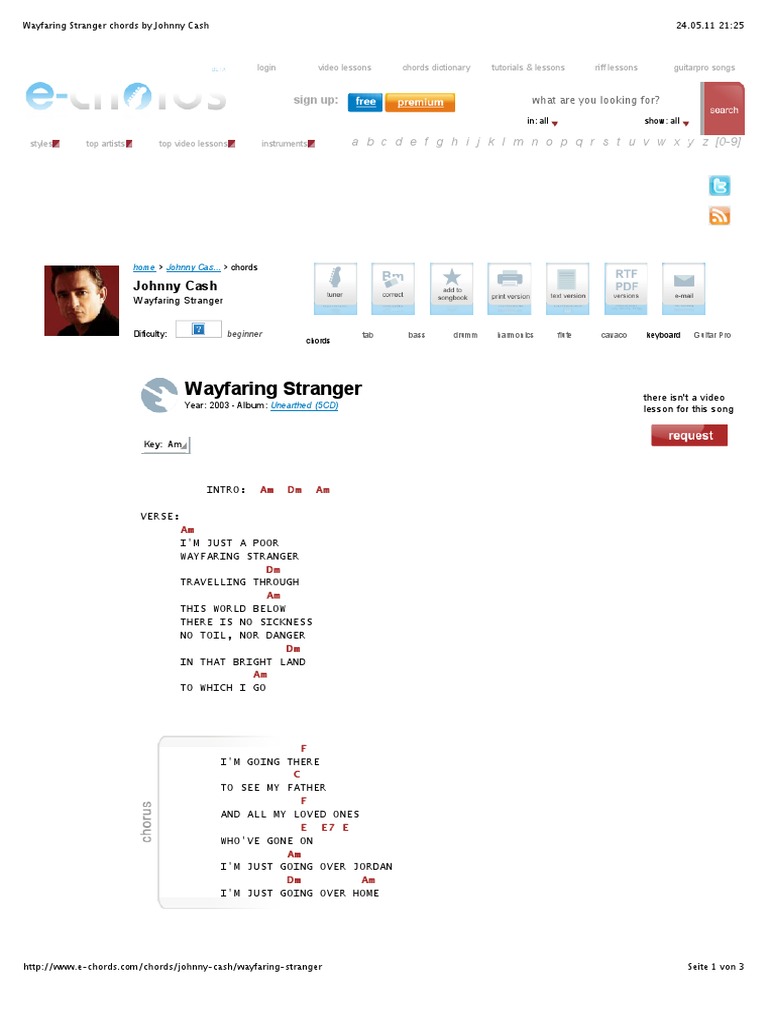 Wayfaring Stranger Chords by Johnny Cash | PDF | Song Structure | Songs