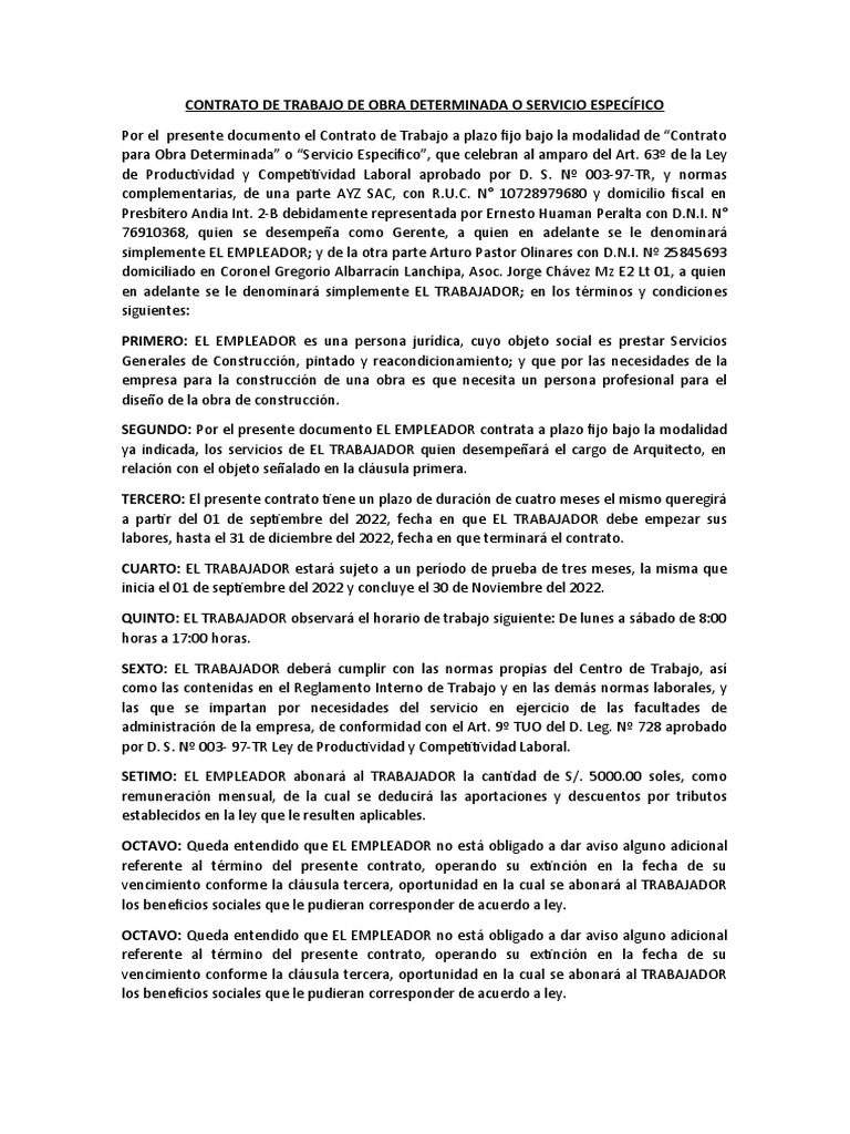Contrato de Trabajo de Obra Determinada o Servicio Específico | PDF | Derecho laboral | Justicia