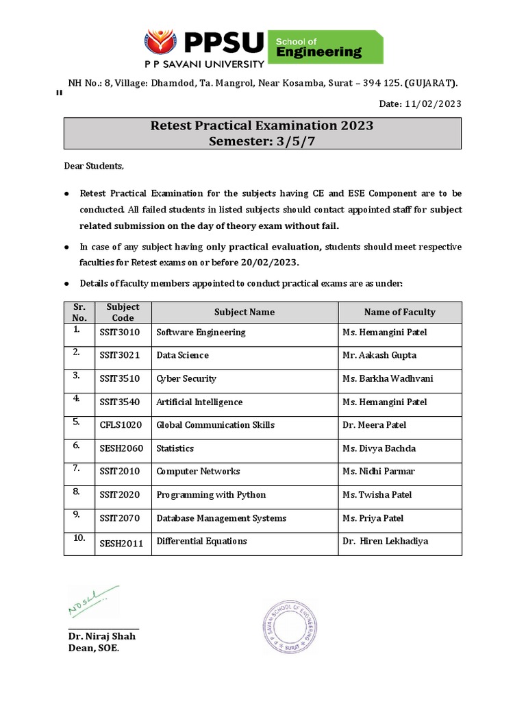 Retest Practical Exam Schedule 2023 | PDF | Engineering | Physical Sciences