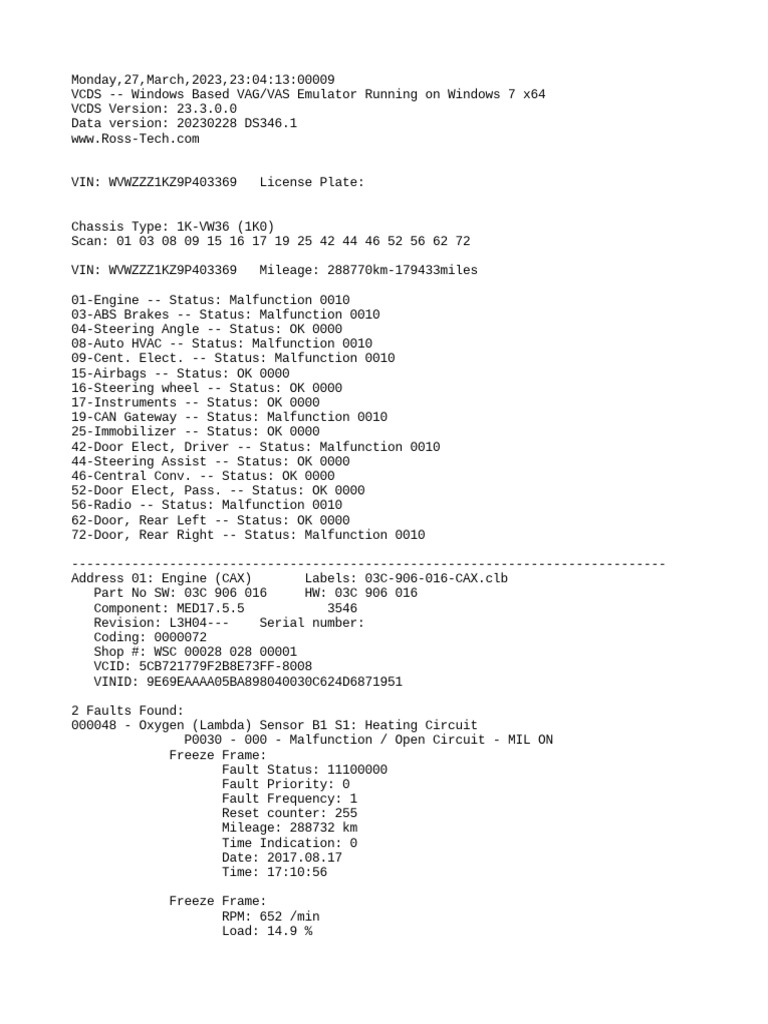 VAG Vehicle Diagnostic Report | PDF | Land Vehicles | Wheeled Vehicles