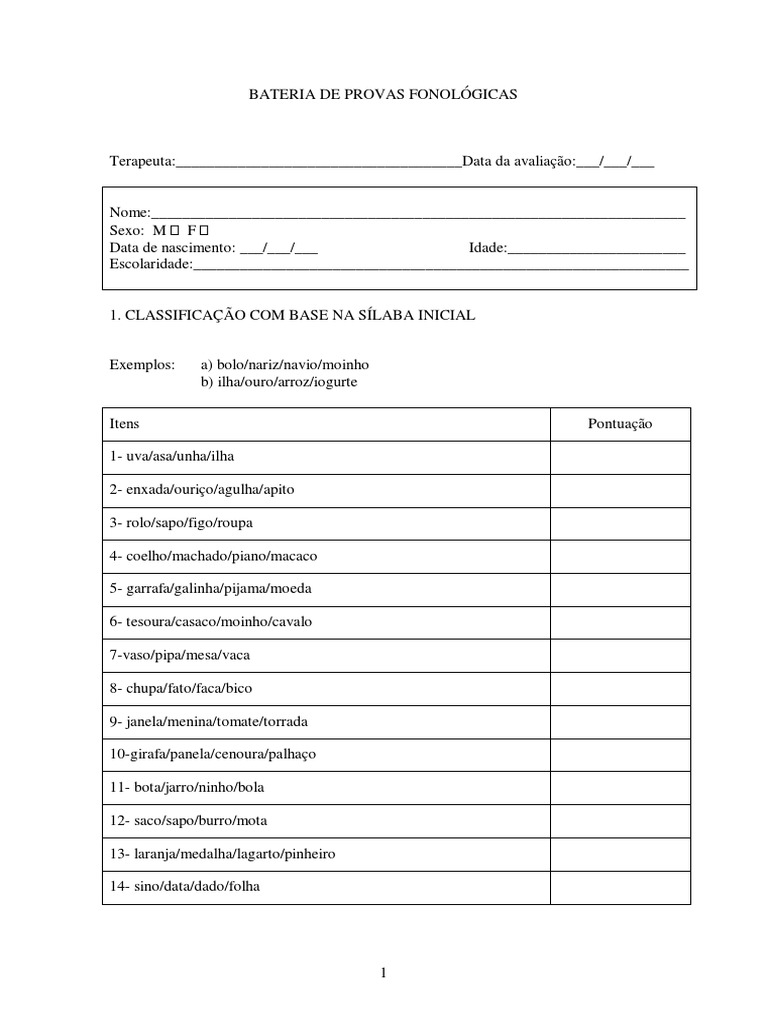 Bateria Provas Fonológicas - Folha de Respostas | PDF