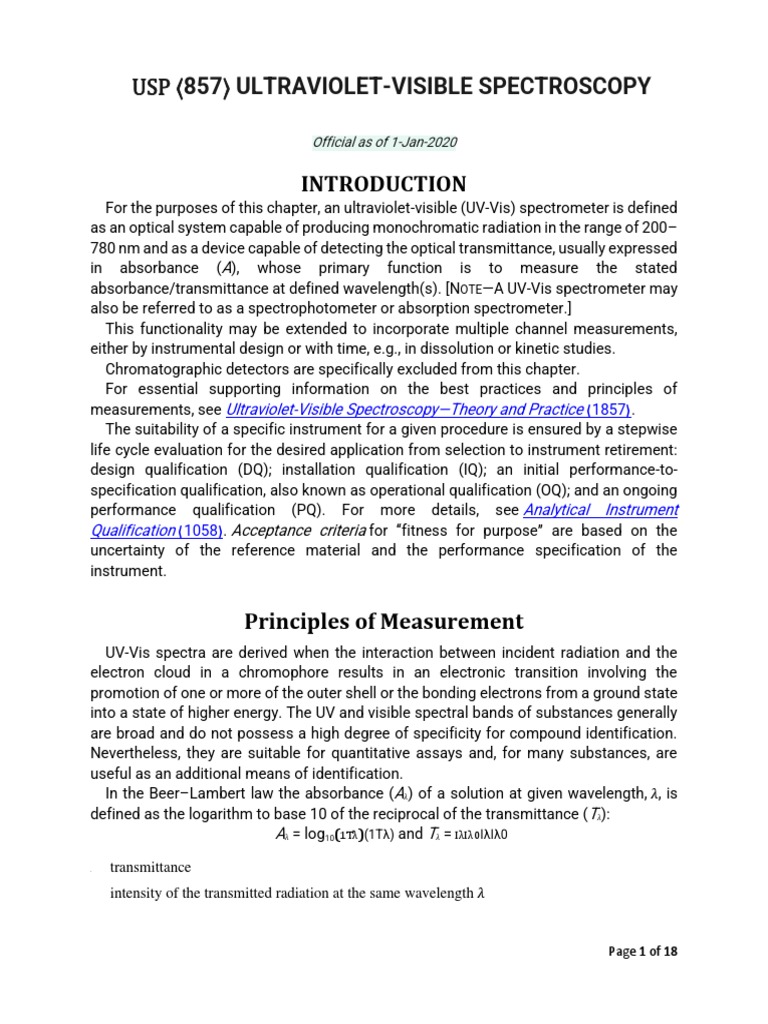 Usp 857 Ultraviolet Visible Spectros | PDF | Ultraviolet–Visible Spectroscopy | Absorbance