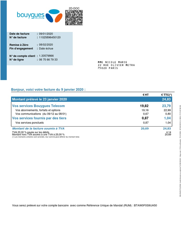 Facture Bouygues Telecom - Janv 2020 | PDF | Télécommunications ...