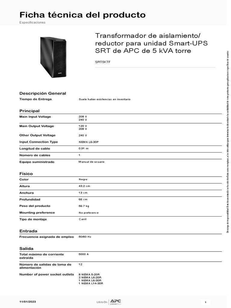 Ficha técnica APC SRT5KTF 5 kVA | PDF | Economía y medio ambiente ...