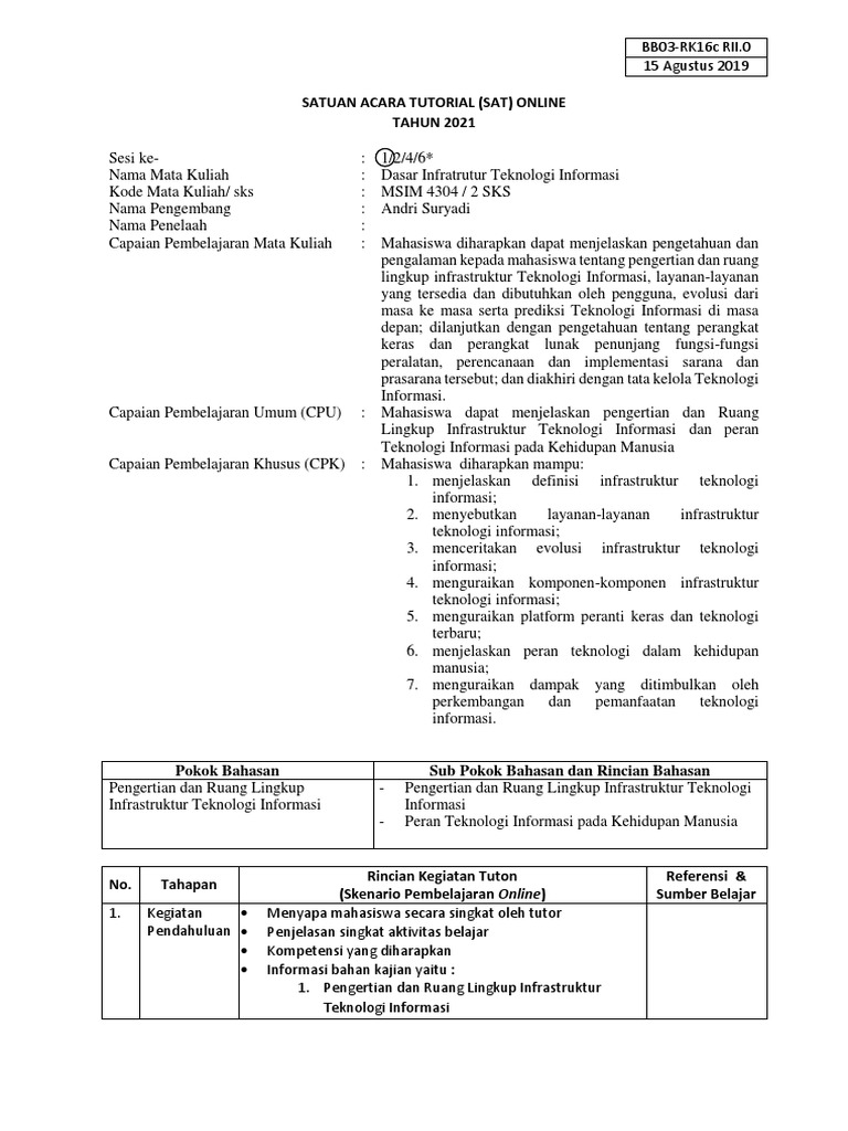 Satuan Acara Tutorial (Sat) Online TAHUN 2021 | PDF