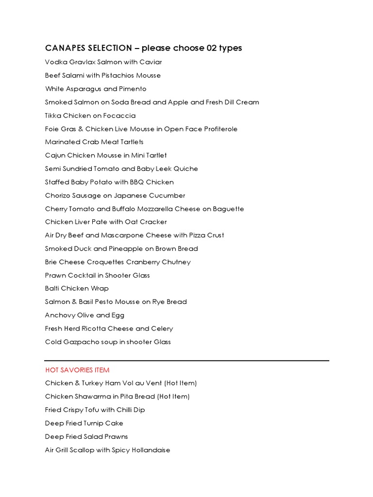 Canapes List | PDF | Cakes | Sausage