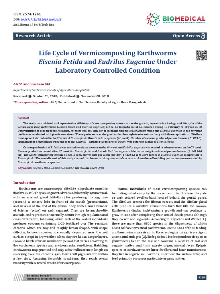 Life Cycle of Vermicomposting Earthworms Eisenia Fetida and Eudrilus ...