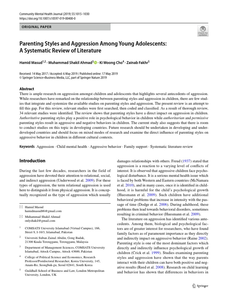 Masud Et Al. - 2019 - Parenting Styles and Aggression Among Young Adoles | PDF | Parenting ...