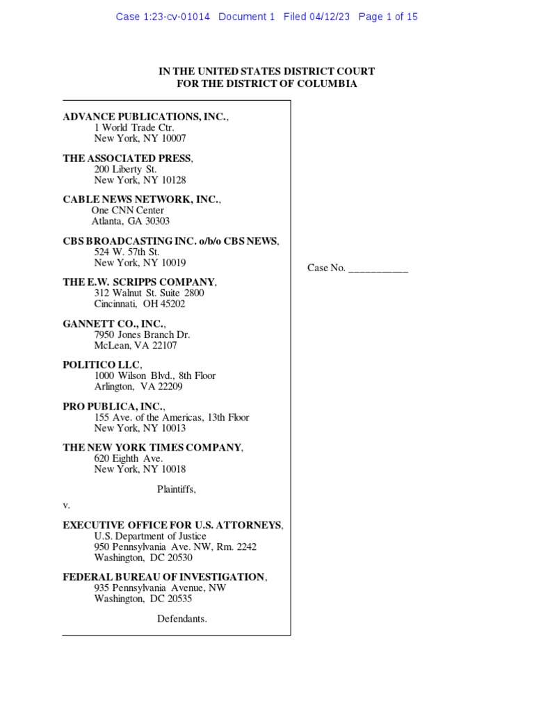 Media Companies' Lawsuit Against EOUSA, FBI | PDF | Freedom Of ...