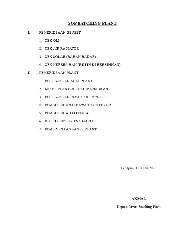 Sop Batching Plant: Akmal | PDF