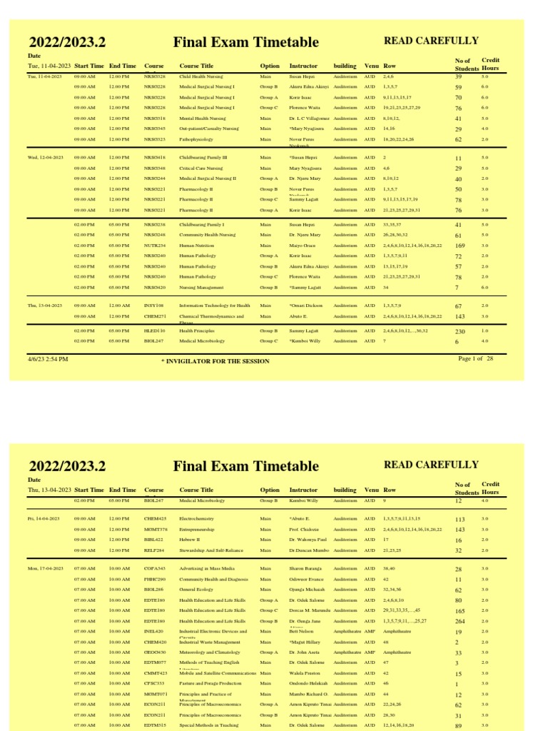 Final Exam Time Table and Seating Arrangements | PDF | Nursing