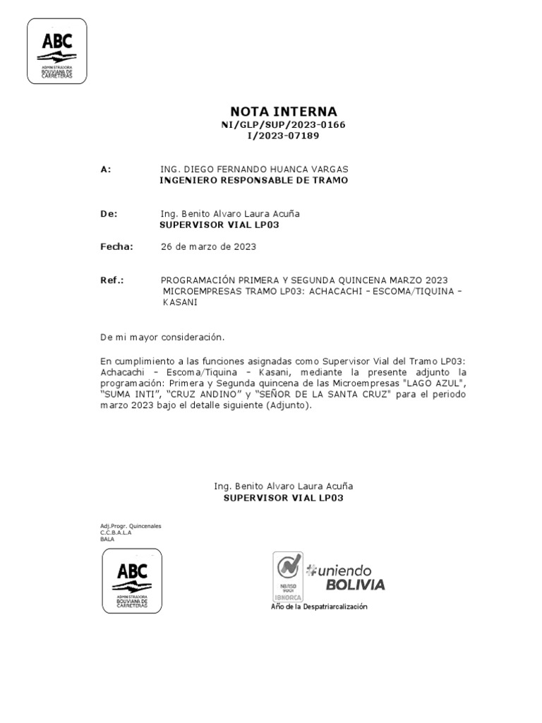 Nota Interna: Adj - Progr. Quincenales C.C.B.A.L.A Bala | PDF