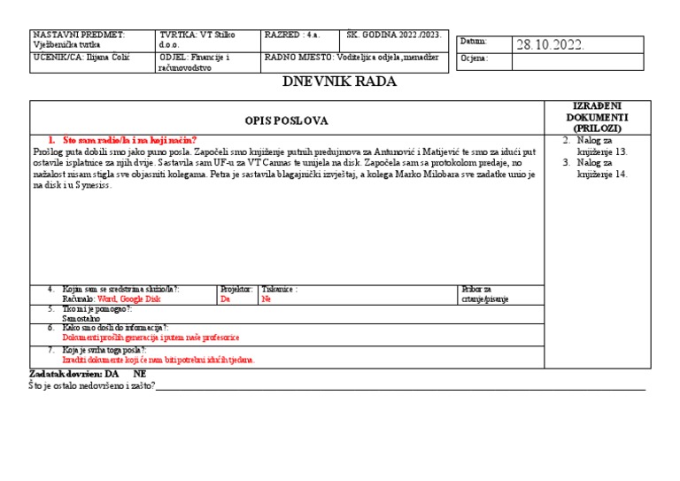 Dnevnik Rada: Opis Poslova | PDF