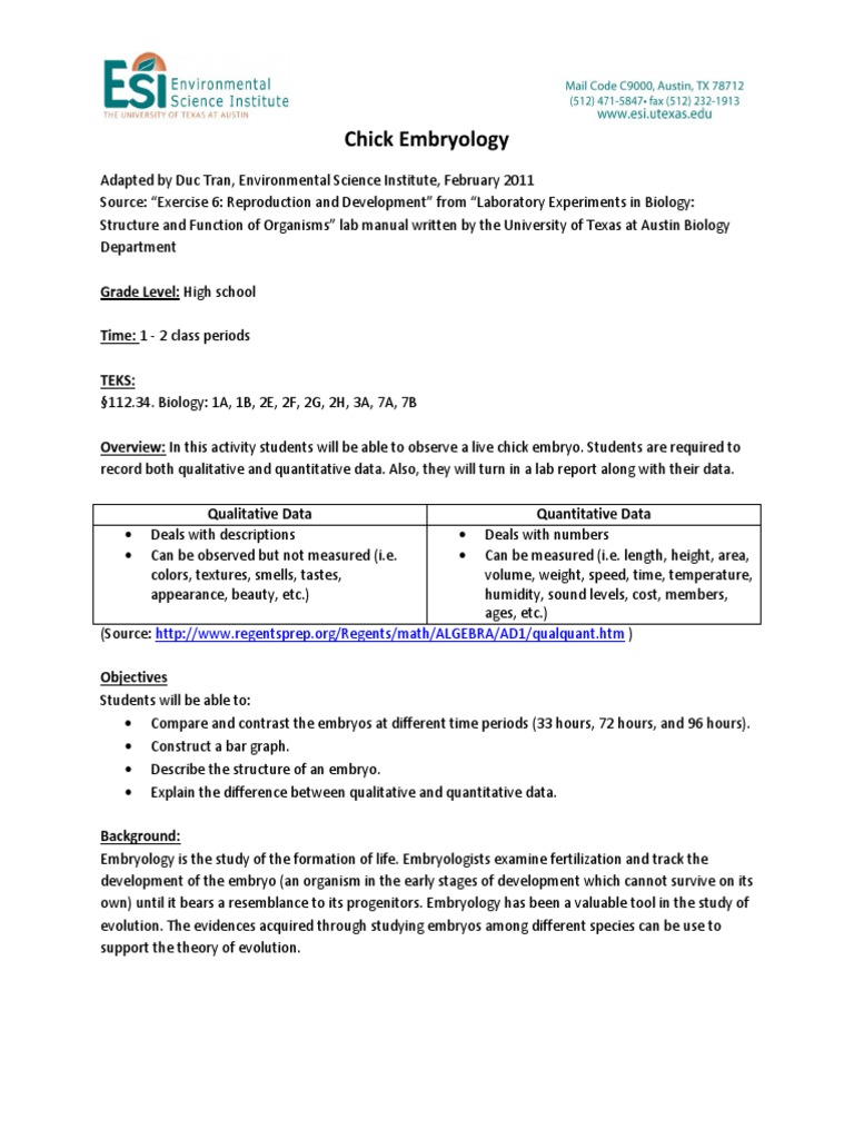 070 Lesson Plan Chick Embryology | PDF | Egg | Reproduction