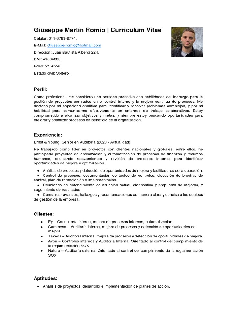 Giuseppe Martín Romio - Curriculum Vitae: Perfil | PDF