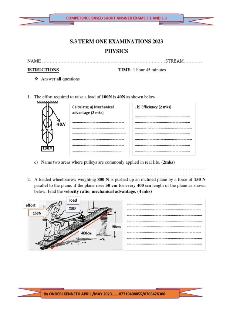 S.3 Term One Examinations 2023 Physics | PDF | Beam (Structure) | Concrete