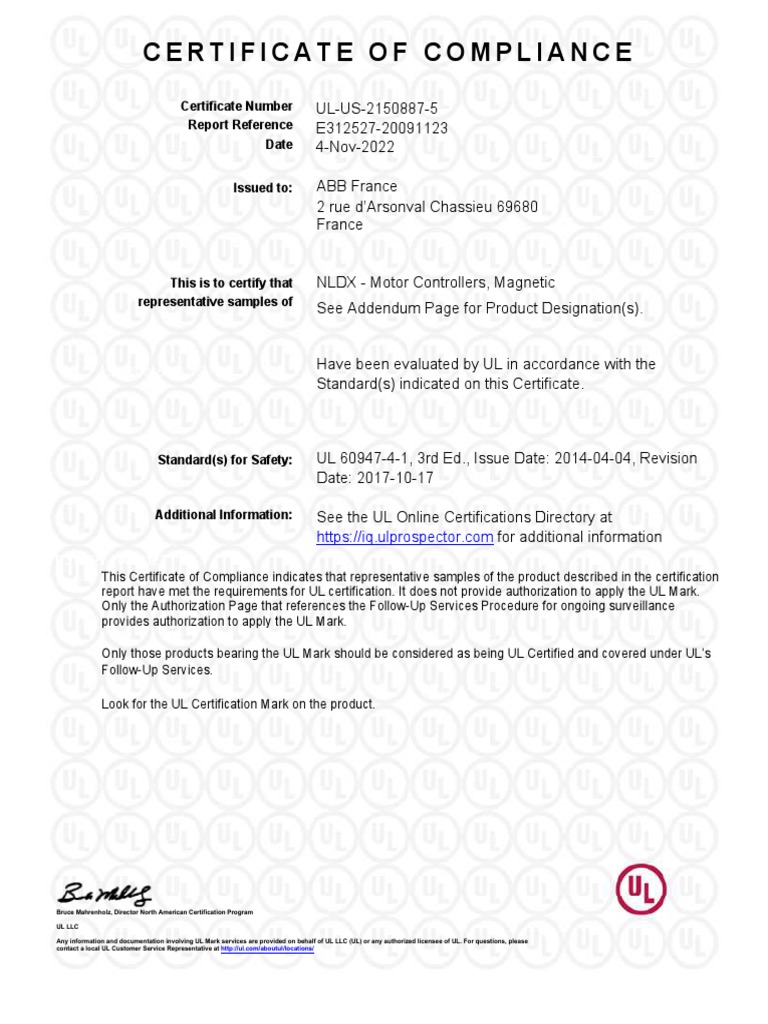 UL Compliance Certificate for Motor Controllers | PDF | Safety