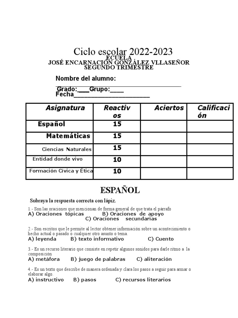 3° Examen Segundo Trimestre Profa Kempis | PDF | Respiración | Branquia