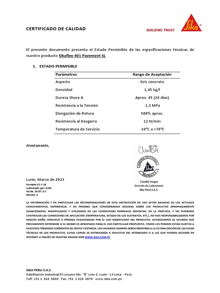 Certificado de Calidad Sikaflex-401 Pavement SL | PDF