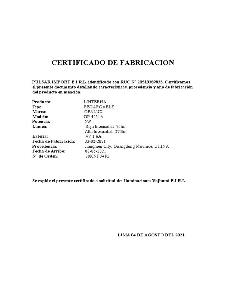Certificado de Fabricacion | PDF | Tecnología