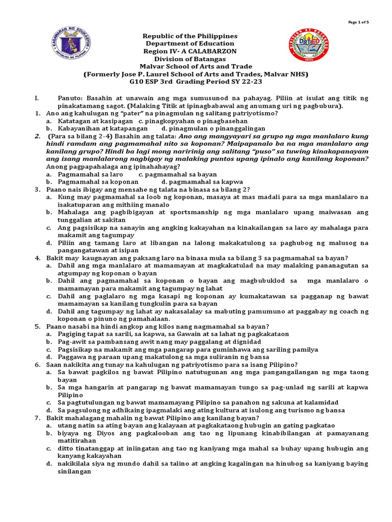 ESP G10 10 3rd Periodical Test Reviewer 22 23 | PDF