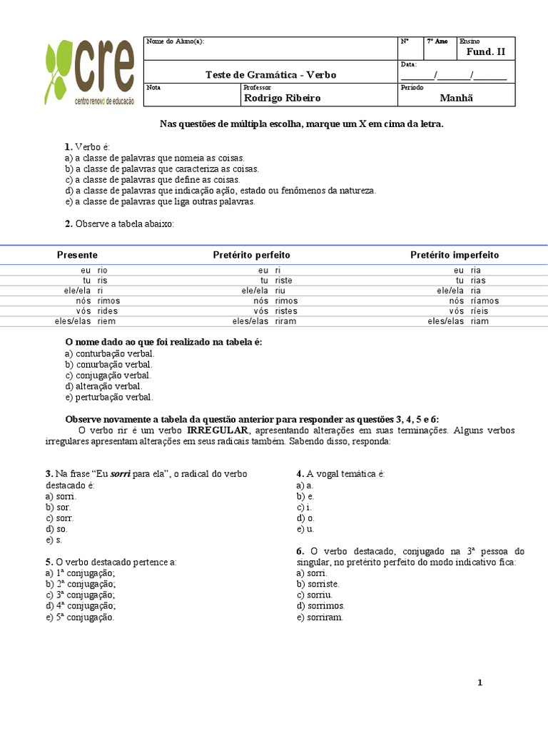 Teste 7º Ano - Gramática - Verbo | PDF | Famílias linguísticas ... Teste 7º Ano - Gramática - Verbo | PDF | Famílias linguísticas ...