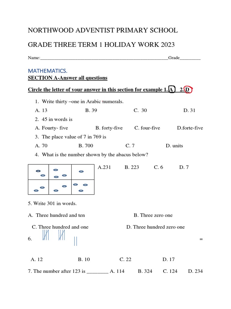 Northwood Adventist Primary School Grade 3 Holiday Work 2023 | PDF ...