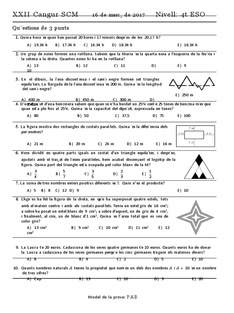 Xxii Cangur SCM Nivell: 4t ESO: 16 de Marc de 2017 Qu Estions de 3 Punts | PDF
