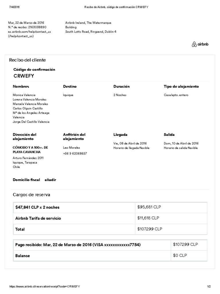 Recibo de Airbnb, Código de Confirmación CRWEFY | PDF