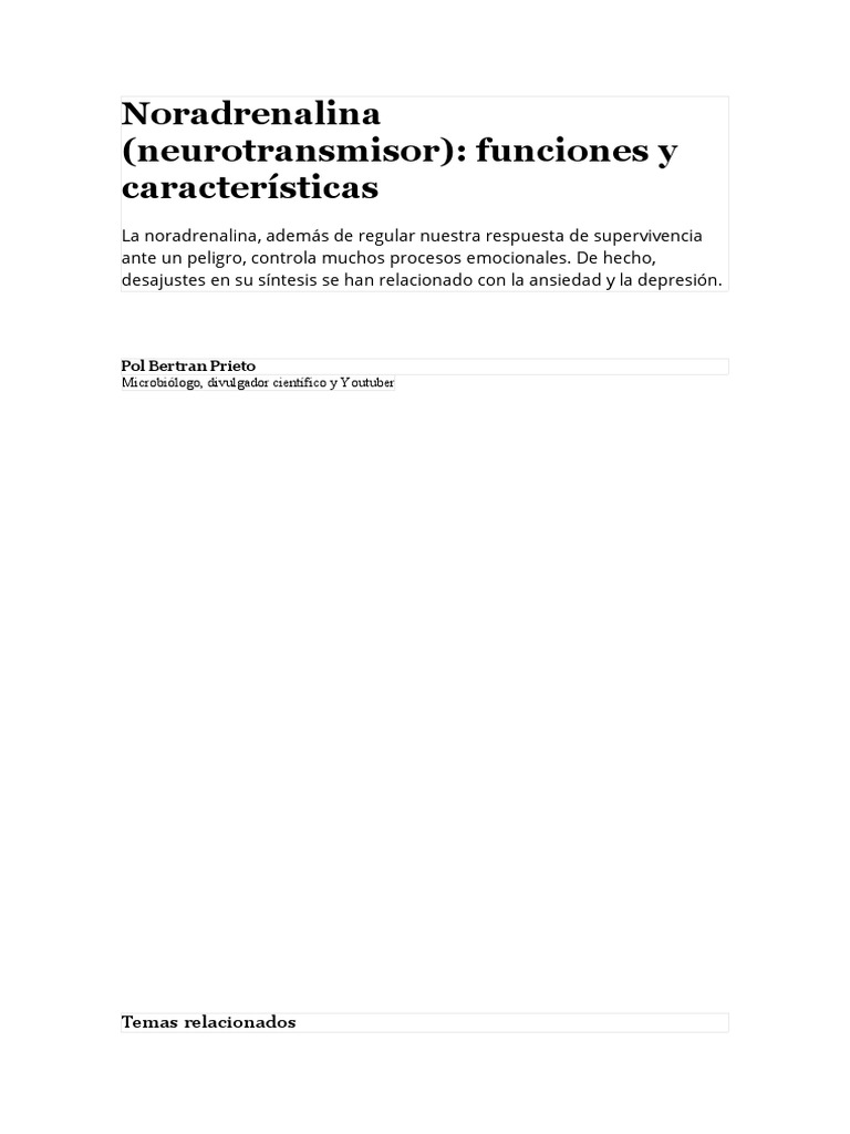 Noradrenalina (Neurotransmisor) : Funciones y Características | PDF ...