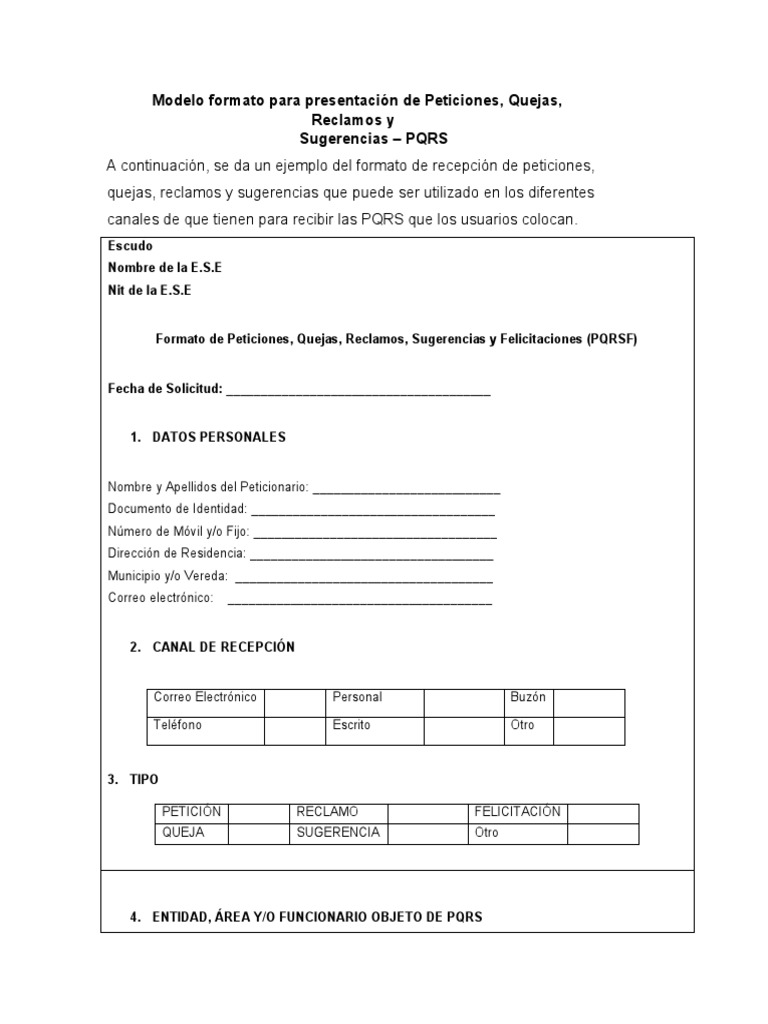 Modelo Formato para Presentación de Peticiones, Quejas, Reclamos y Sugerencias - PQRS ...