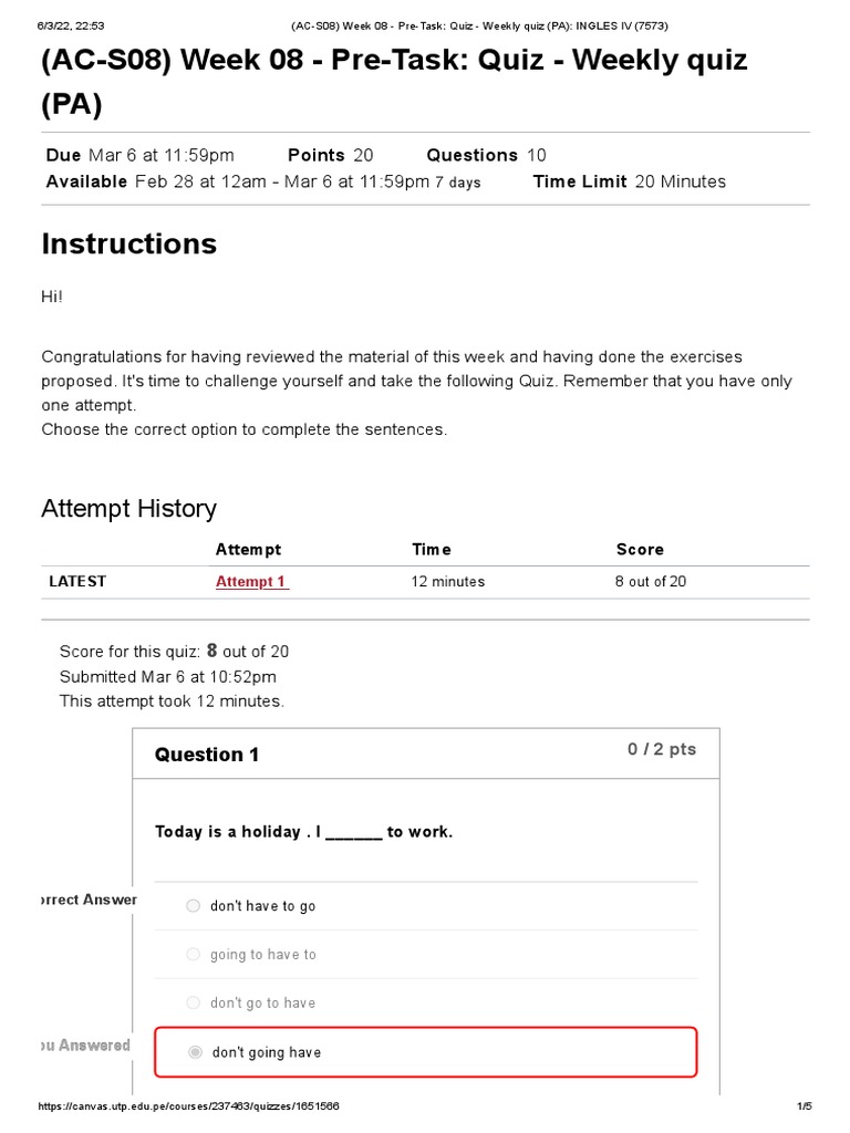 (AC-S08) Week 08 - Pre-Task - Quiz - Weekly Quiz (PA) - INGLES IV (7573) | PDF