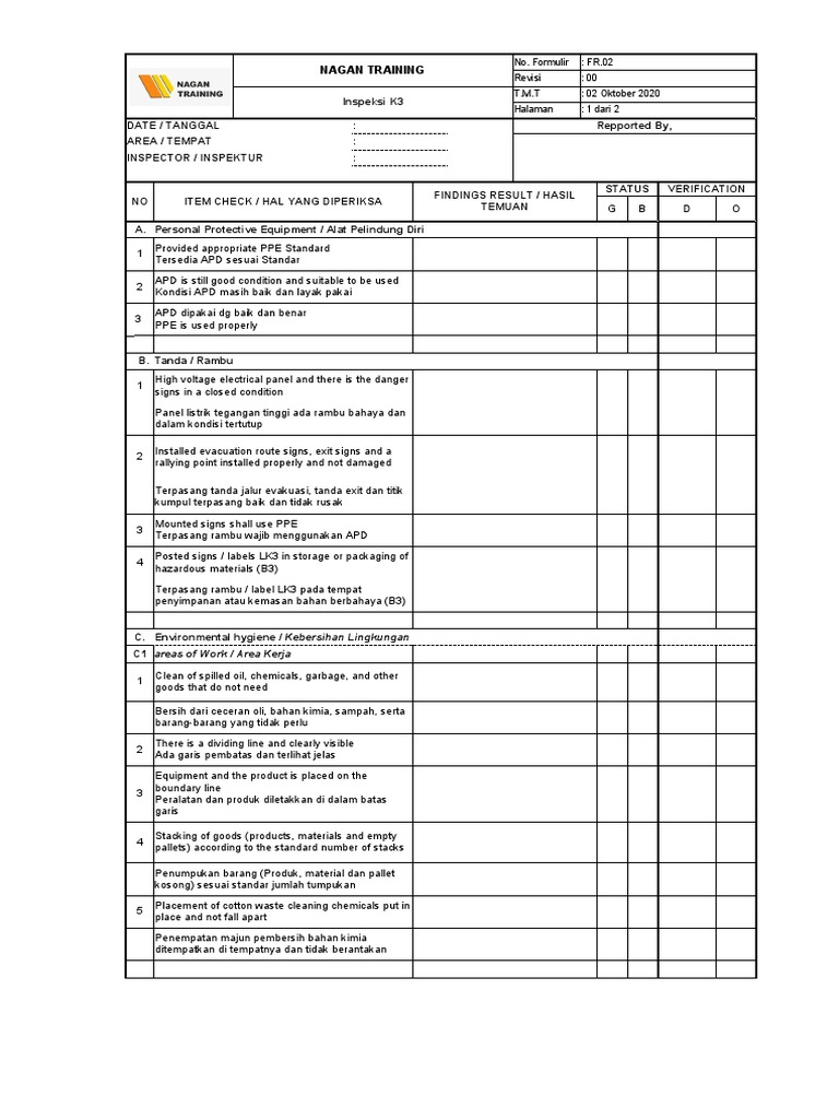 Form Nagan D3 - 02 - Inspeksi K3 - JSA, Work Permit, Inspeksi | PDF