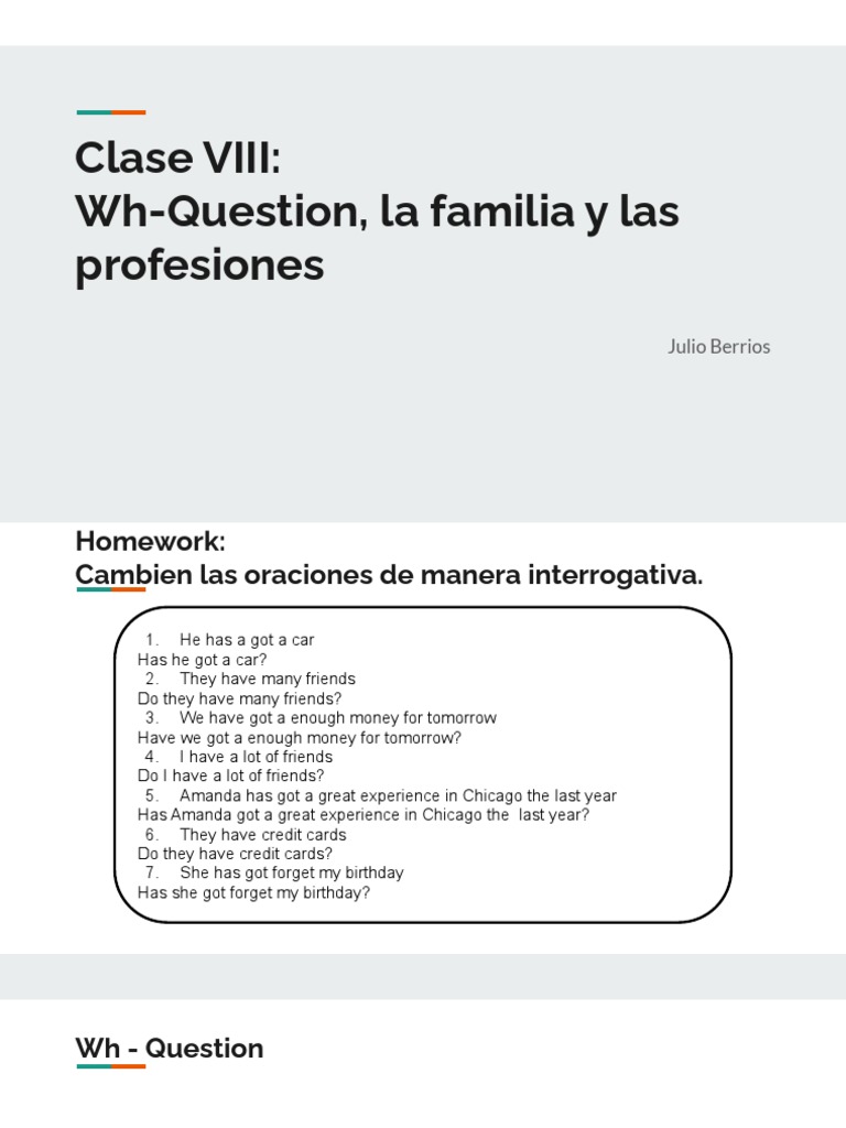 Clase VIII - Wh-Question, La Familia y Las Profesiones | PDF