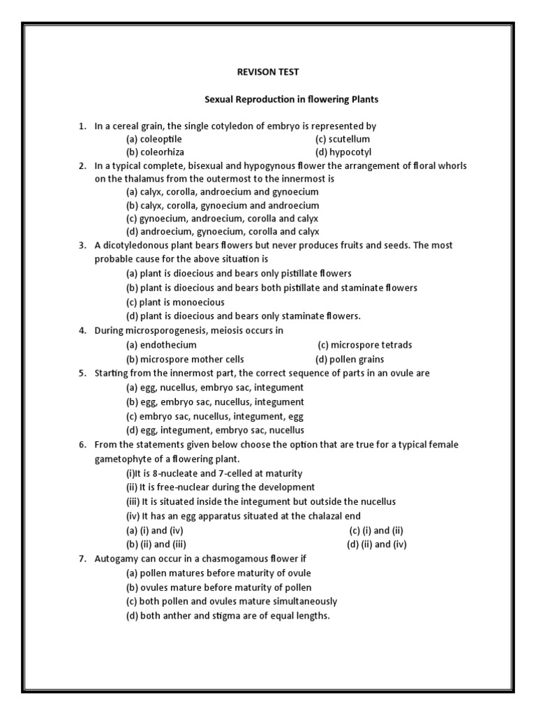 REVISION TEST- Sexual Reproduction in Flowering Plants - Qp | PDF ...