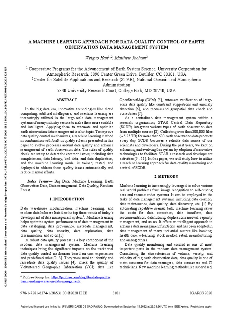 A Machine Learning Approach For Data Quality Control of Earth Observation Data Management System ...