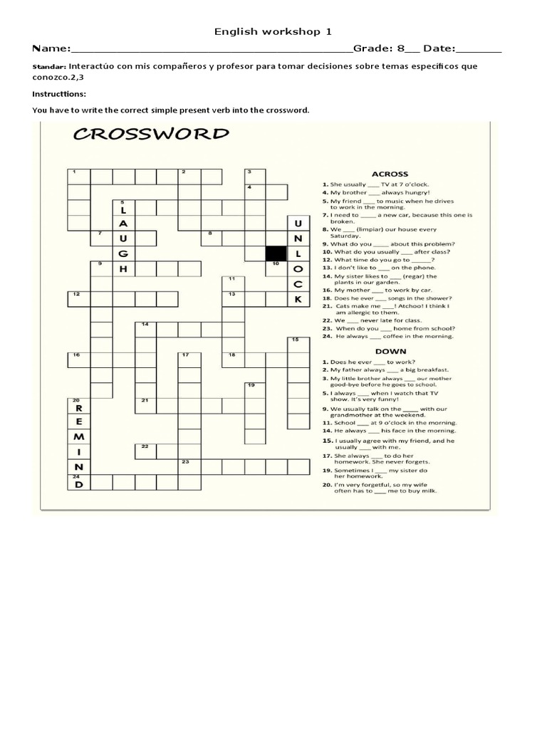 Cross Words Simple Present Tense | PDF