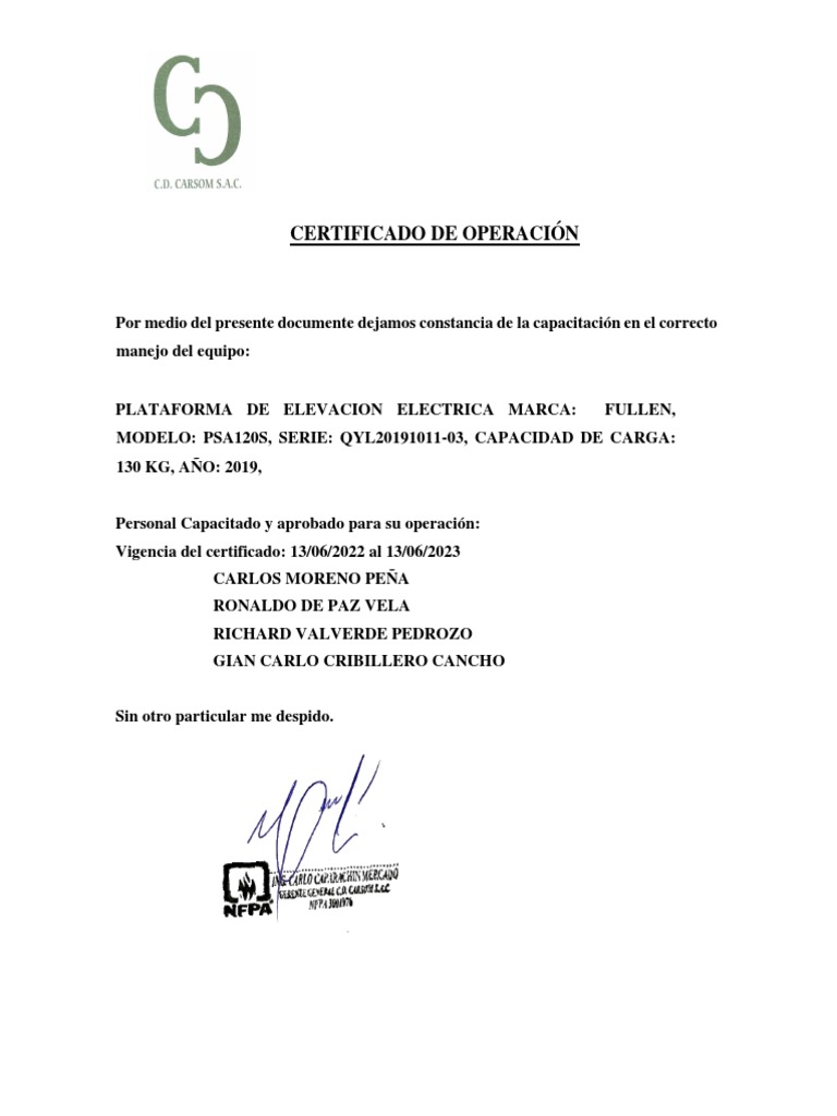CERTIFICADO DE OPERACIÓN Elevador | PDF